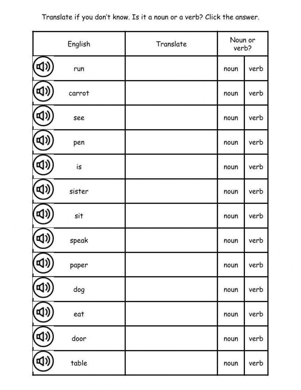 Verb or Noun? | Free Interactive Worksheets | 511567