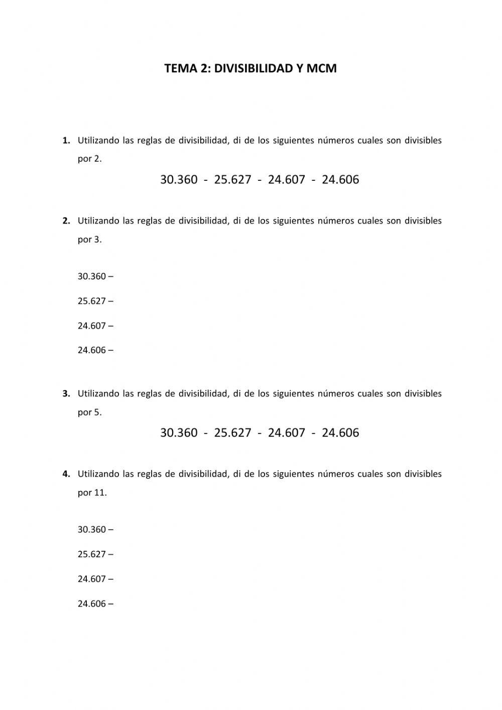 Ejercicios de divisibilidad y mcm worksheet | Live Worksheets