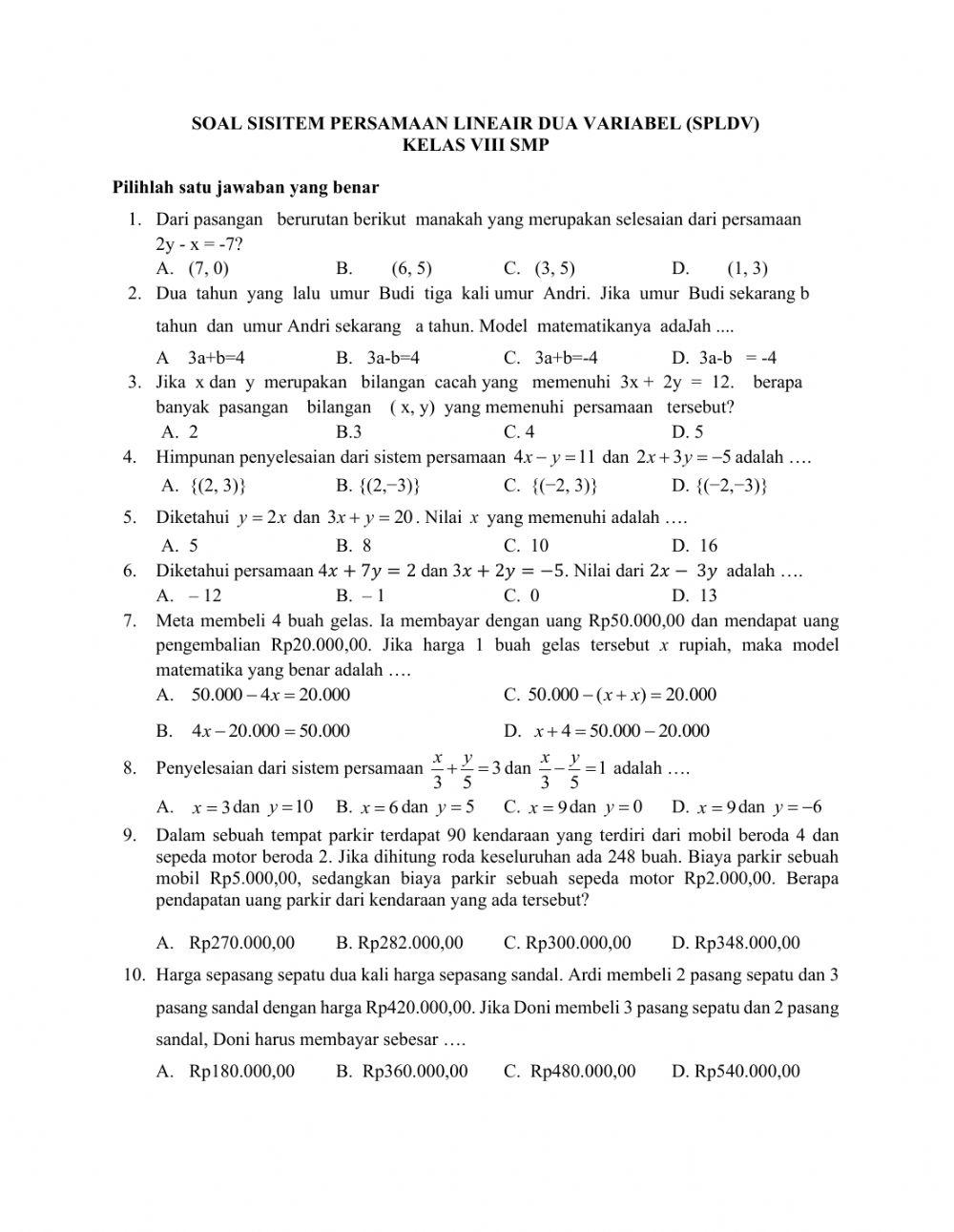 Soal latihan spldv worksheet | Live Worksheets