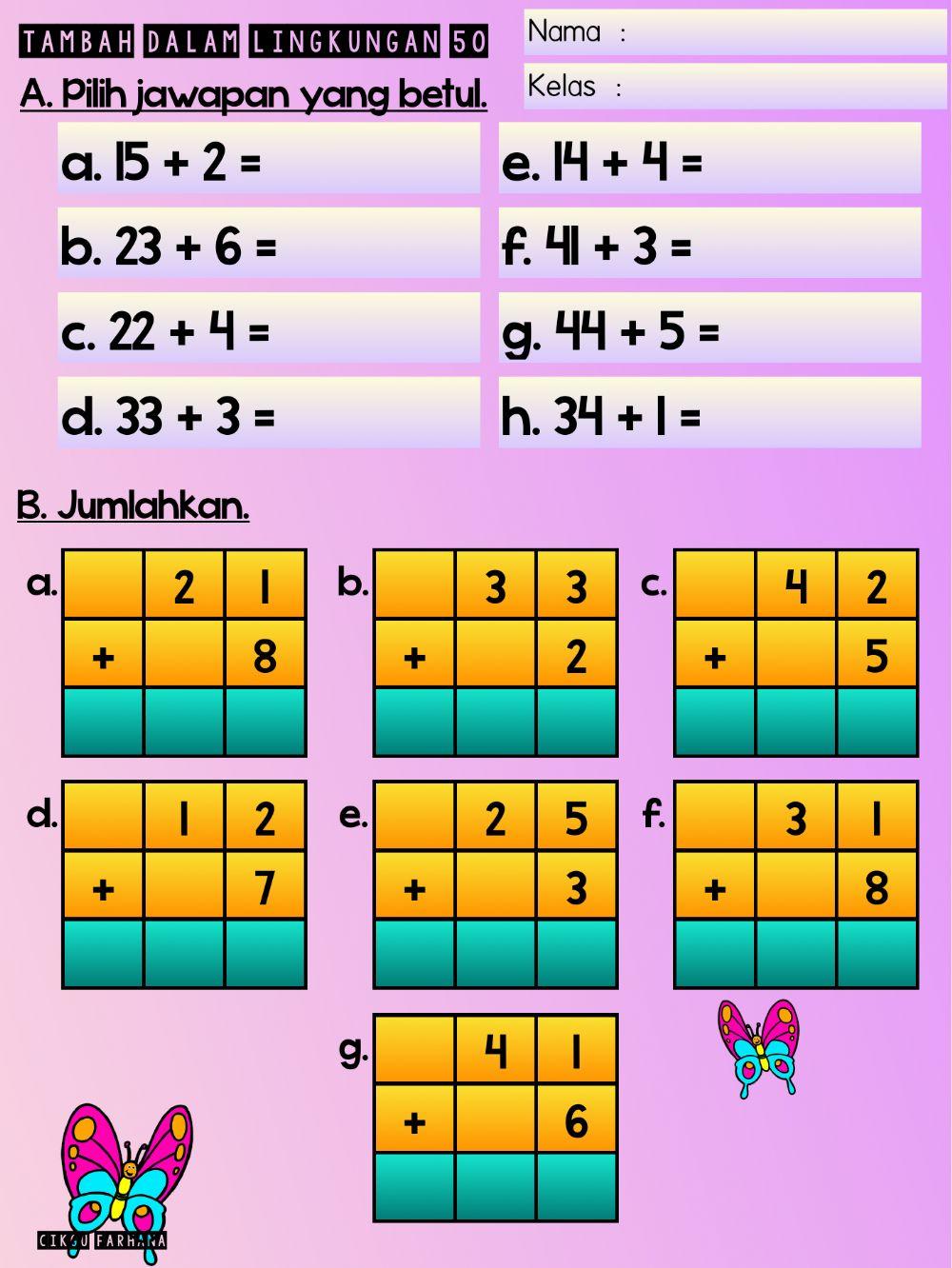 Hasil Tambah Dalam Lingkungan 50 worksheet | Live Worksheets