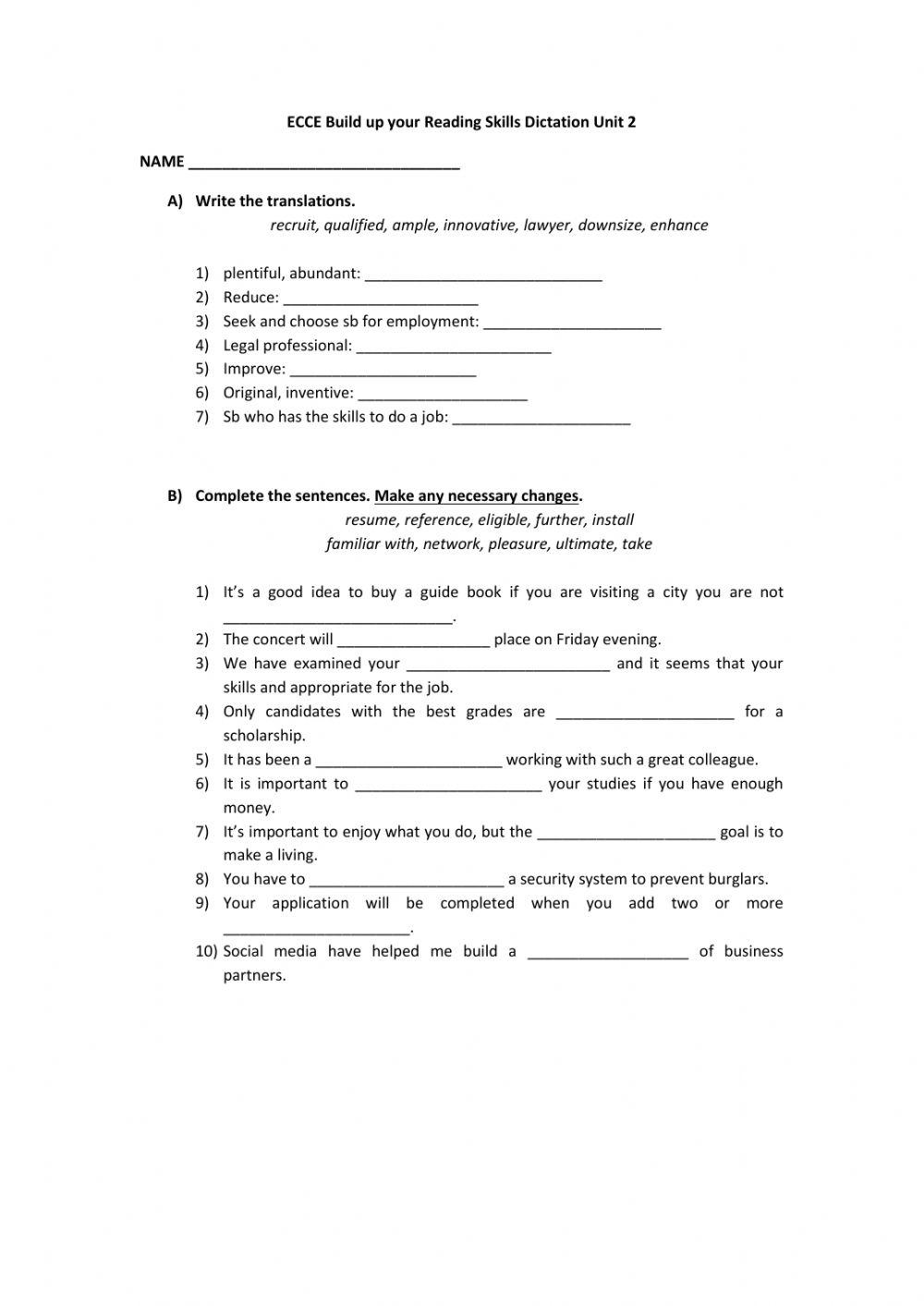 Reading Unit 2 exercise | Live Worksheets