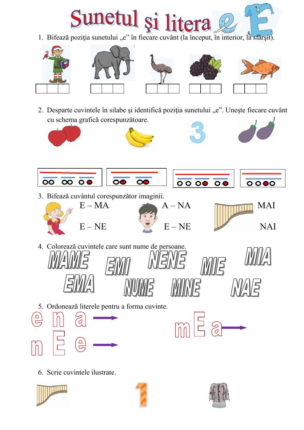 Sunetul si litera e interactive worksheet | Live Worksheets