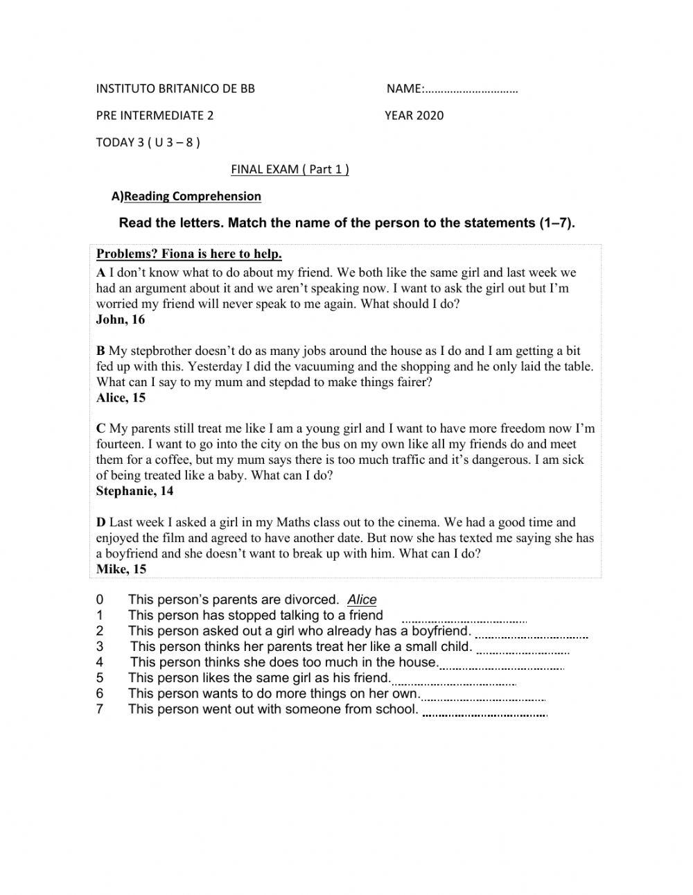 6247948 | PRE INTERMEDIATE 2 - FINAL EXAM 2020 - Reading