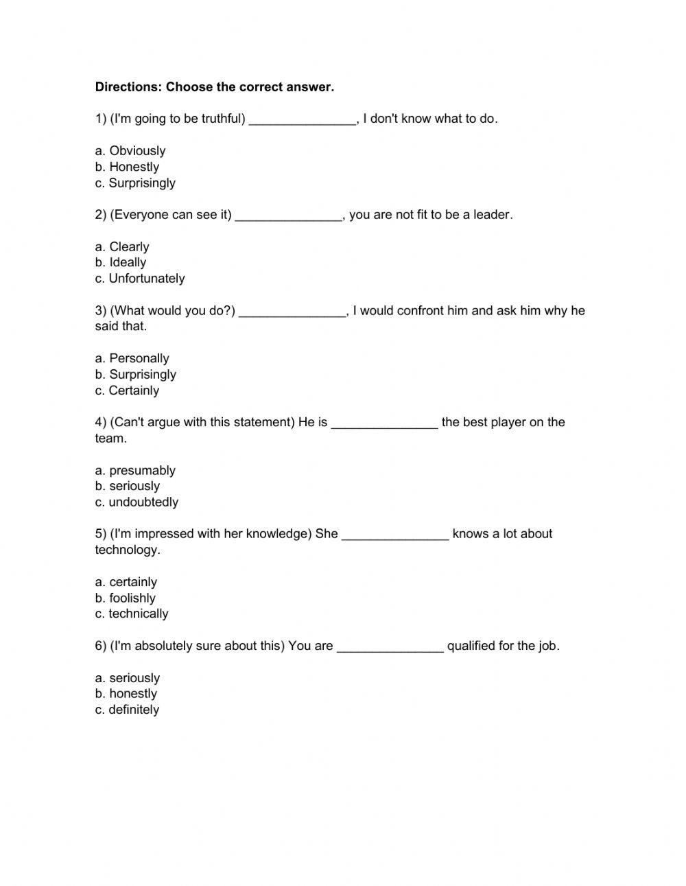 Commenting and viewpoint adverbs online exercise for | Live Worksheets