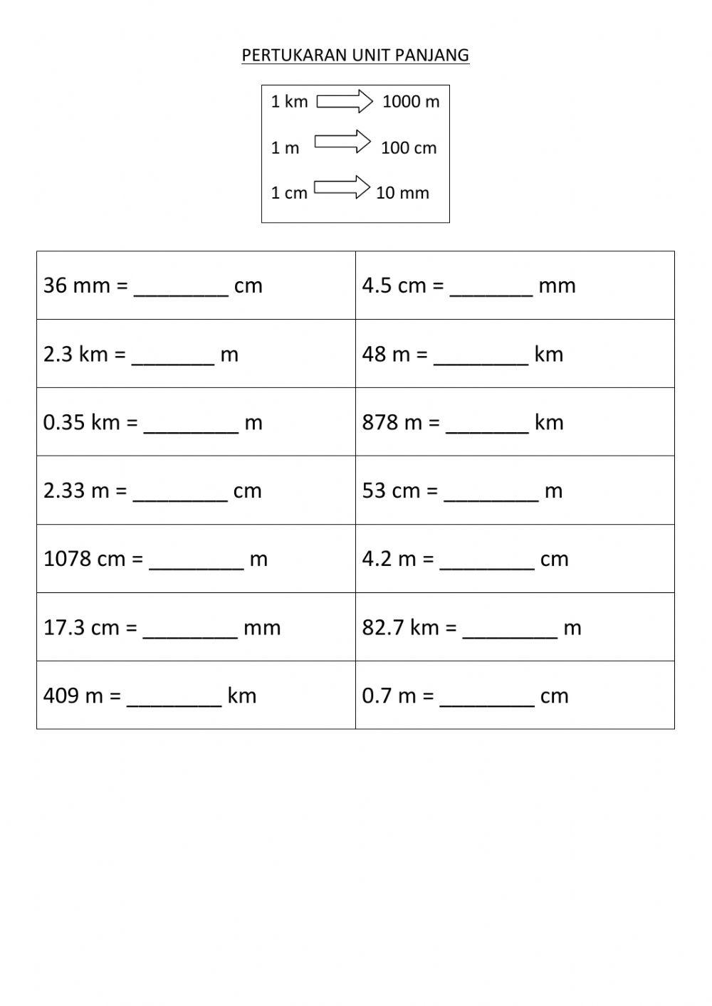 Pertukatan Unit Panjang worksheet | Live Worksheets
