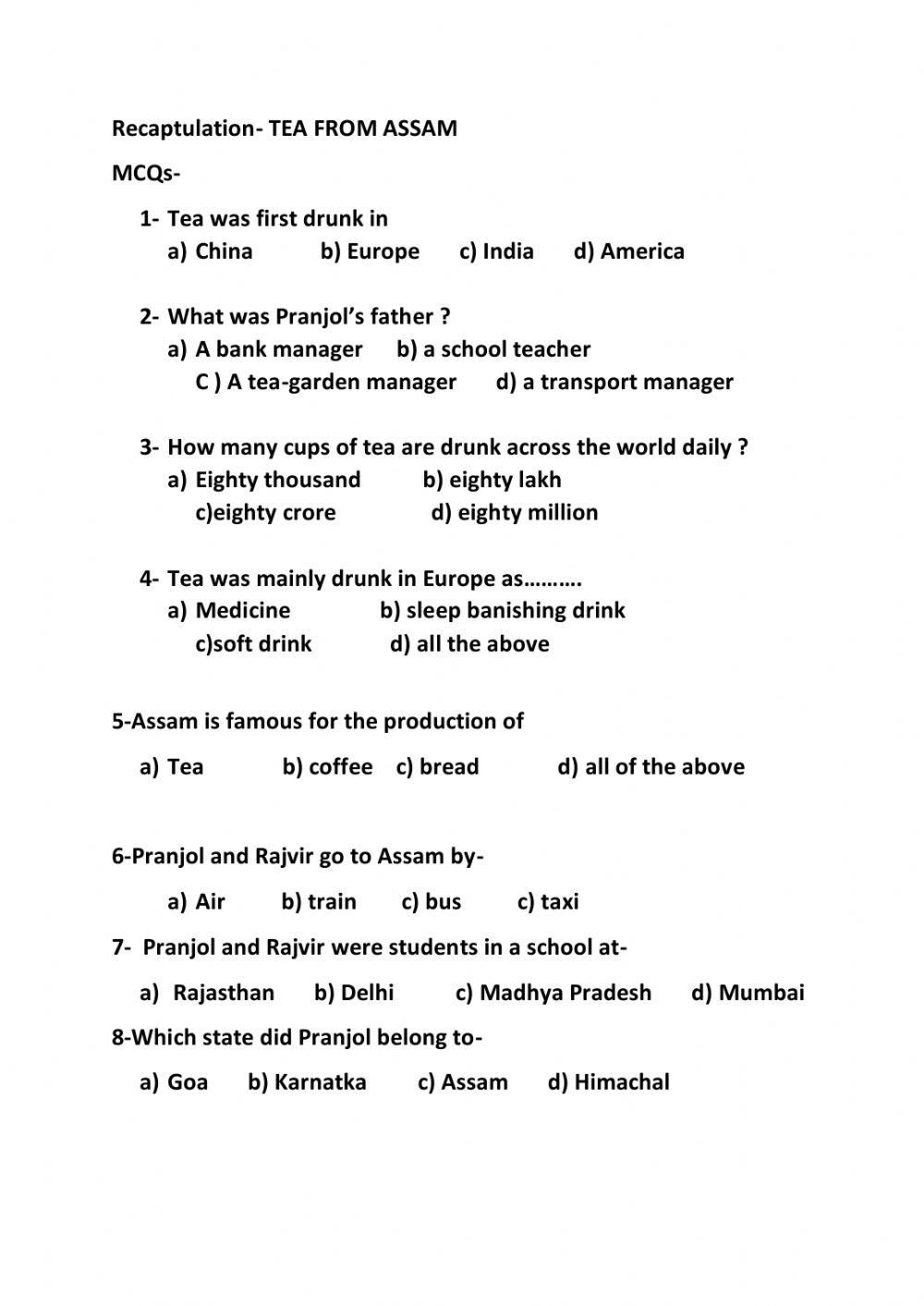 Tea from assam interactive worksheet | Live Worksheets