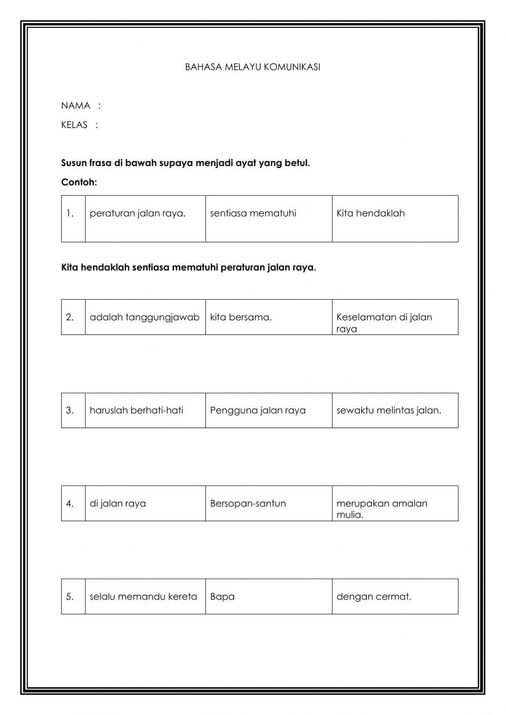 Susun frasa supaya menjadi ayat worksheet | Live Worksheets