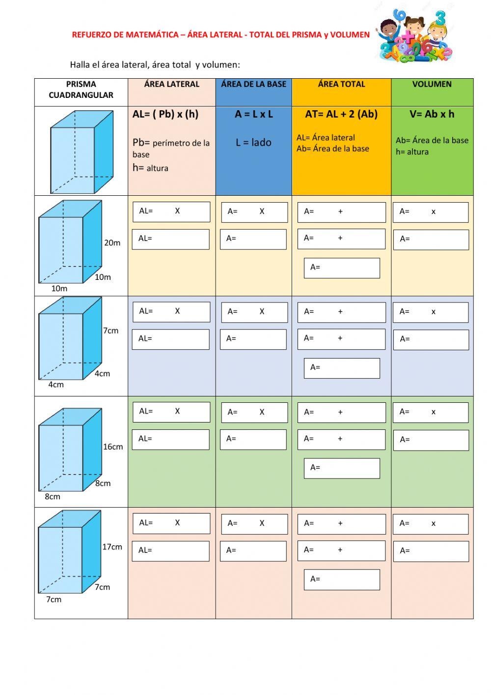 6251943 | Área lateral, total y volumen del prisma