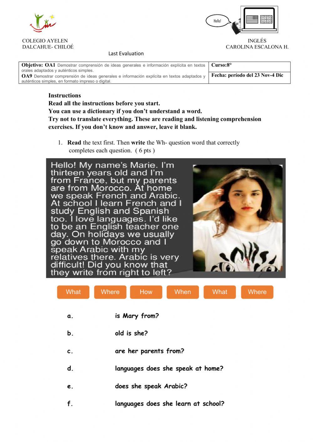 8th grade Ayelen last evaluation 2020 online exercise for | Live Worksheets