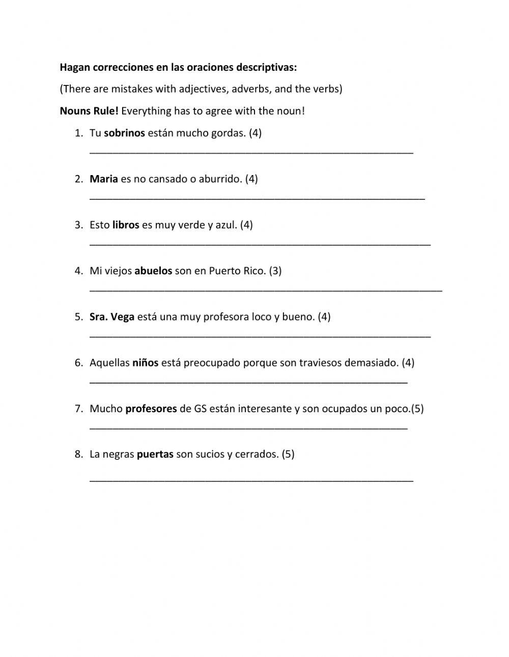Descriptive sentences corrections worksheet | Live Worksheets