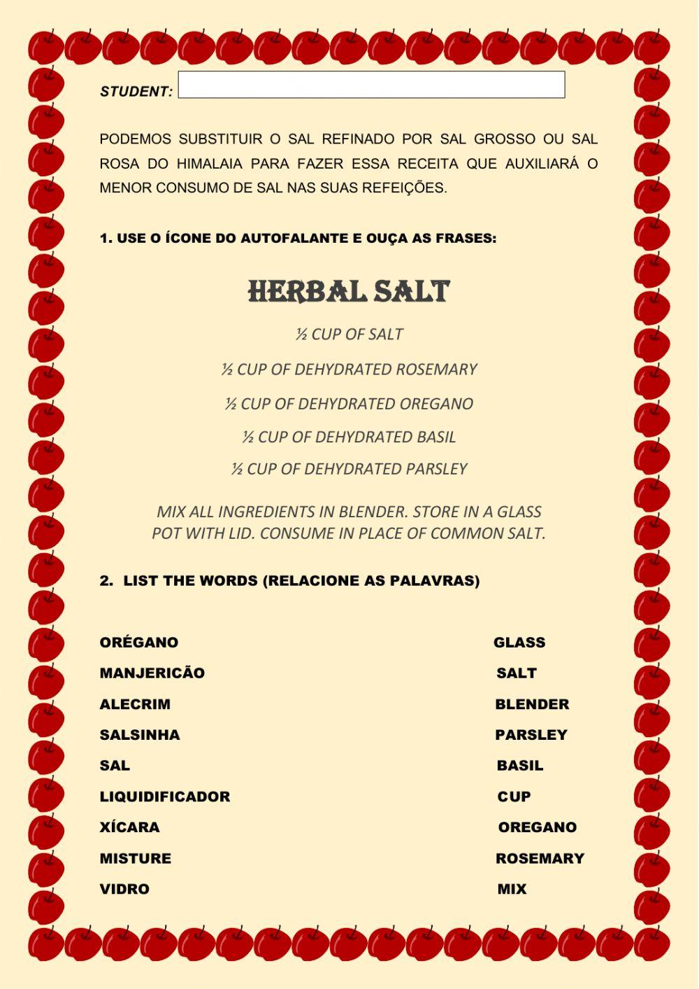 Herbal salt worksheet | Live Worksheets