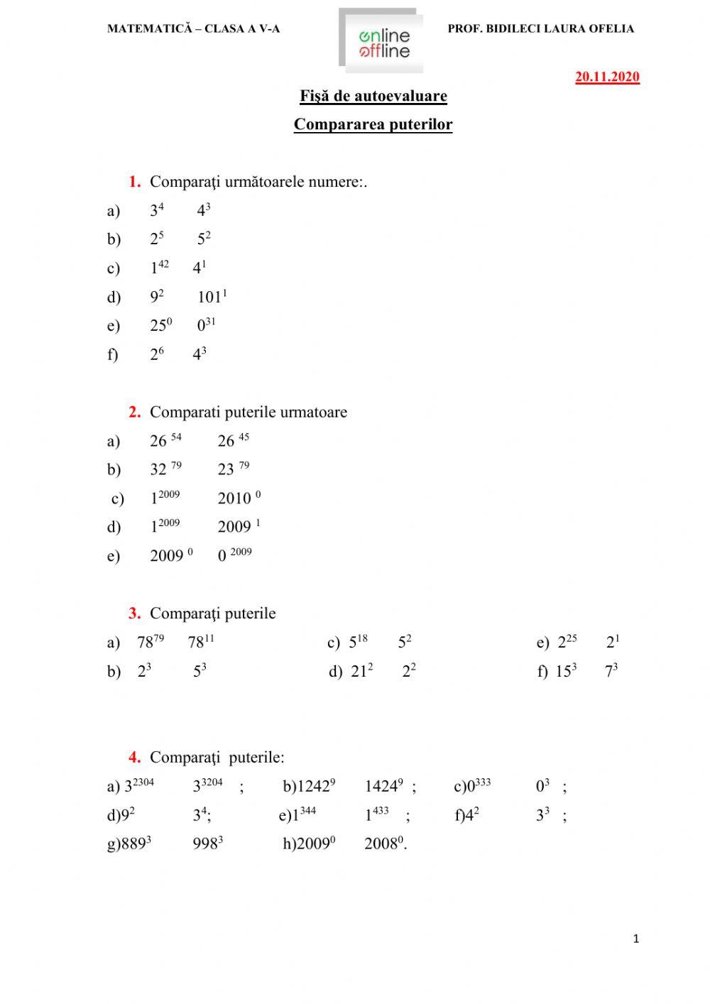 Compararea puterilor-autoevaluare worksheet | Live Worksheets