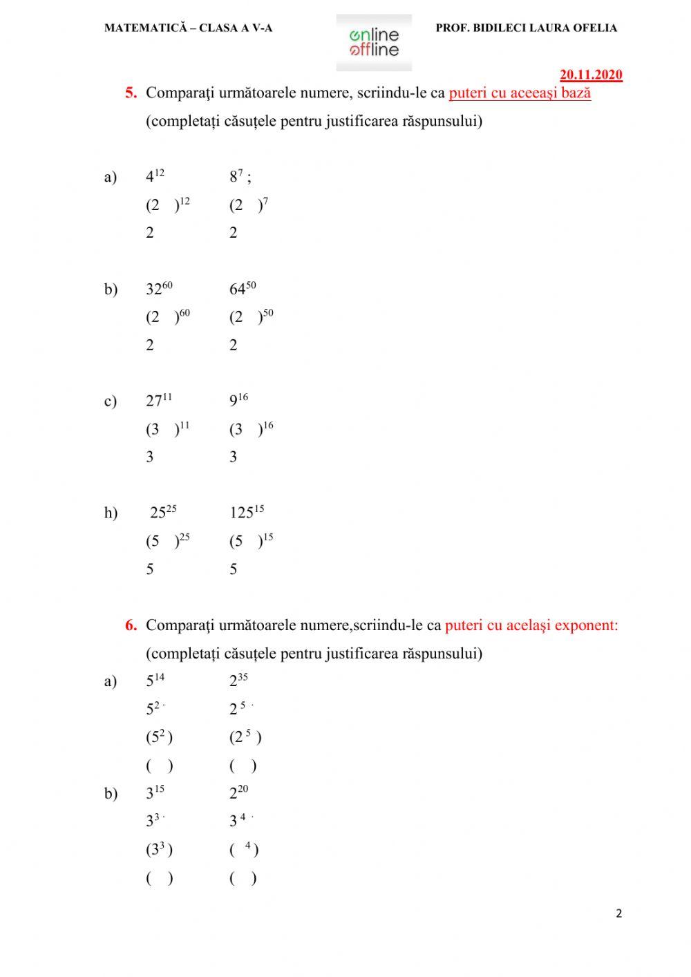 Compararea puterilor-autoevaluare worksheet | Live Worksheets