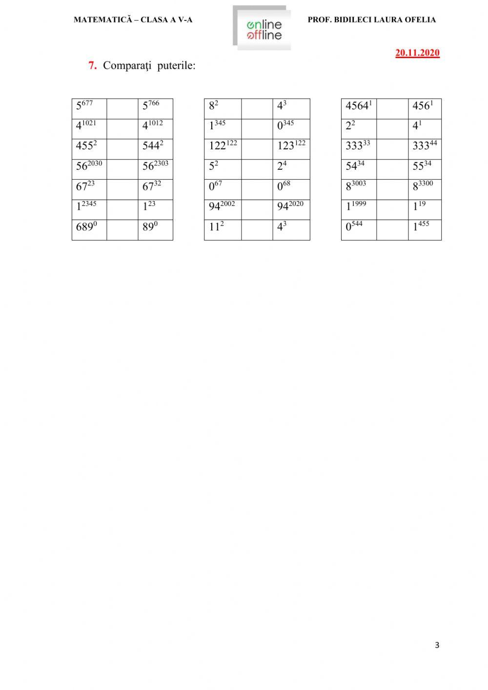 Compararea puterilor-autoevaluare worksheet | Live Worksheets