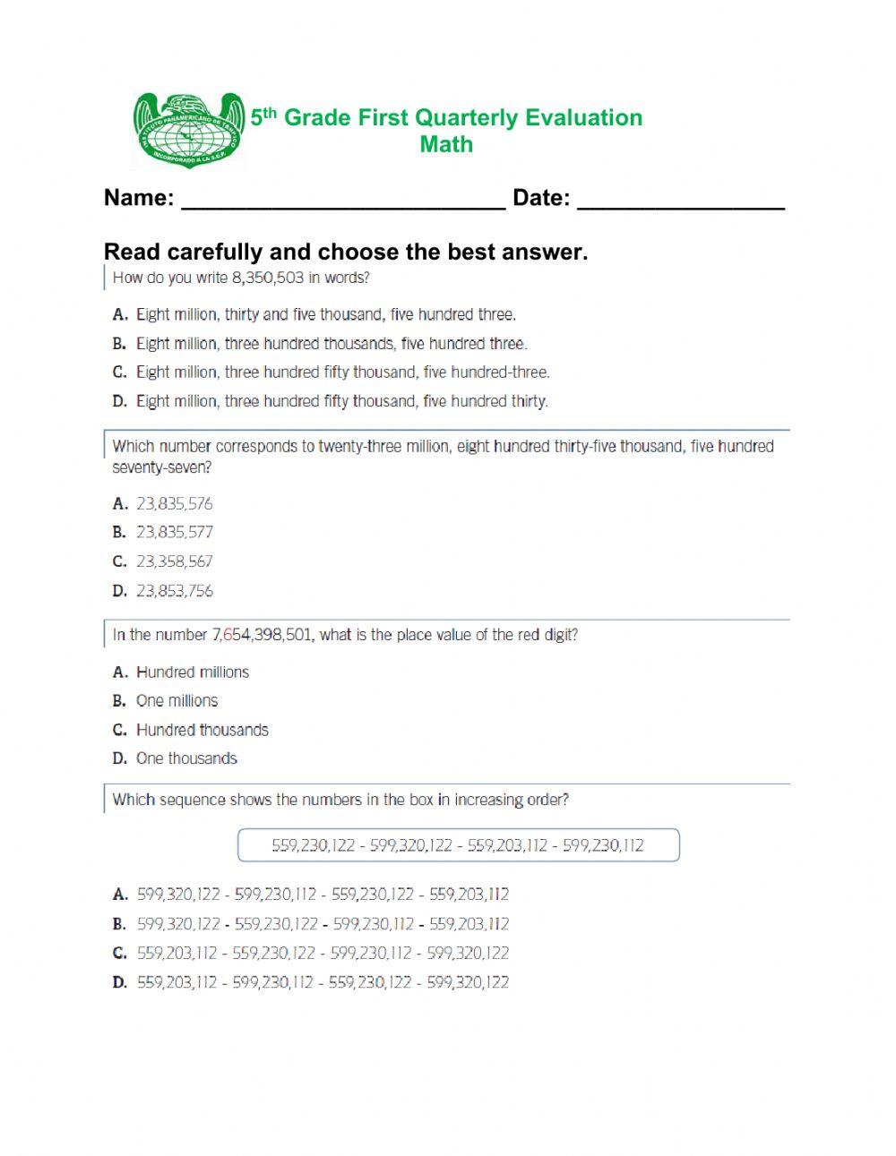 Math 1st quaterly worksheet | Live Worksheets