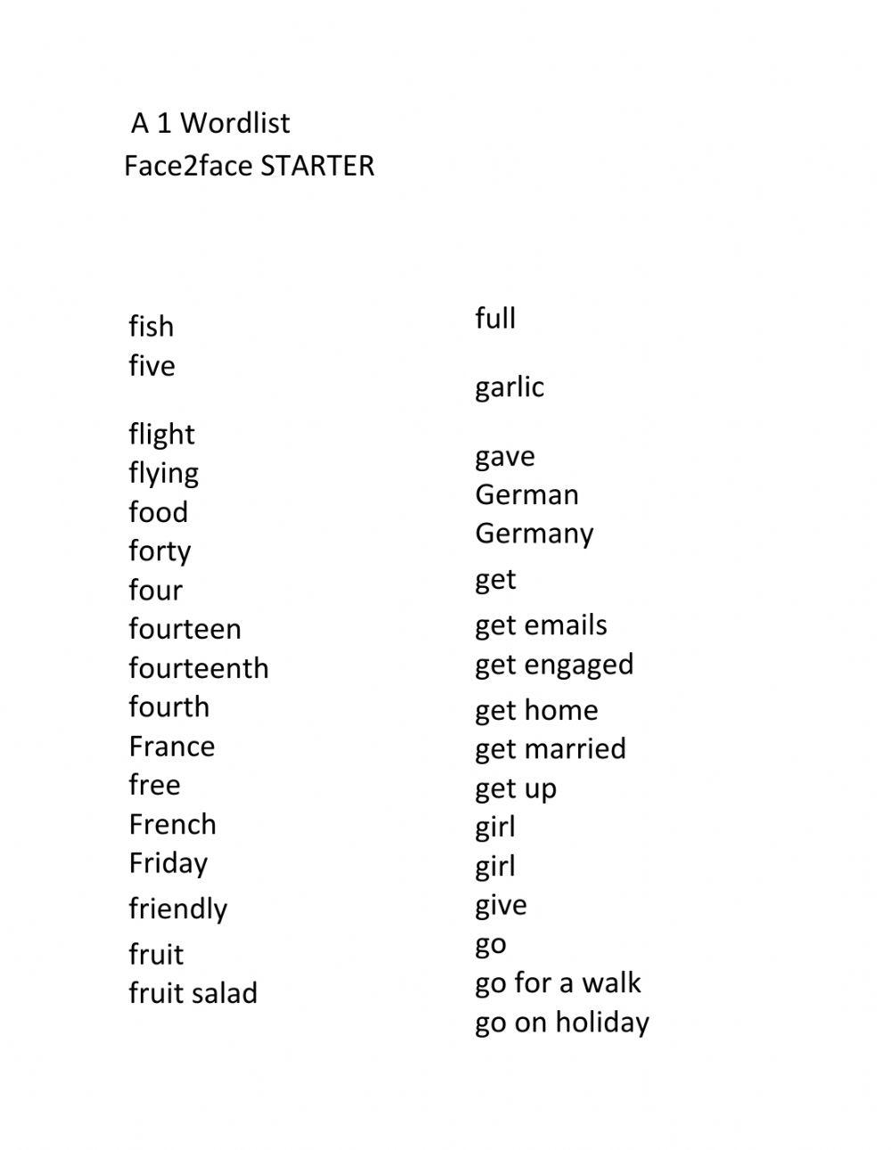 Wordlist A1 part 2 worksheet | Live Worksheets