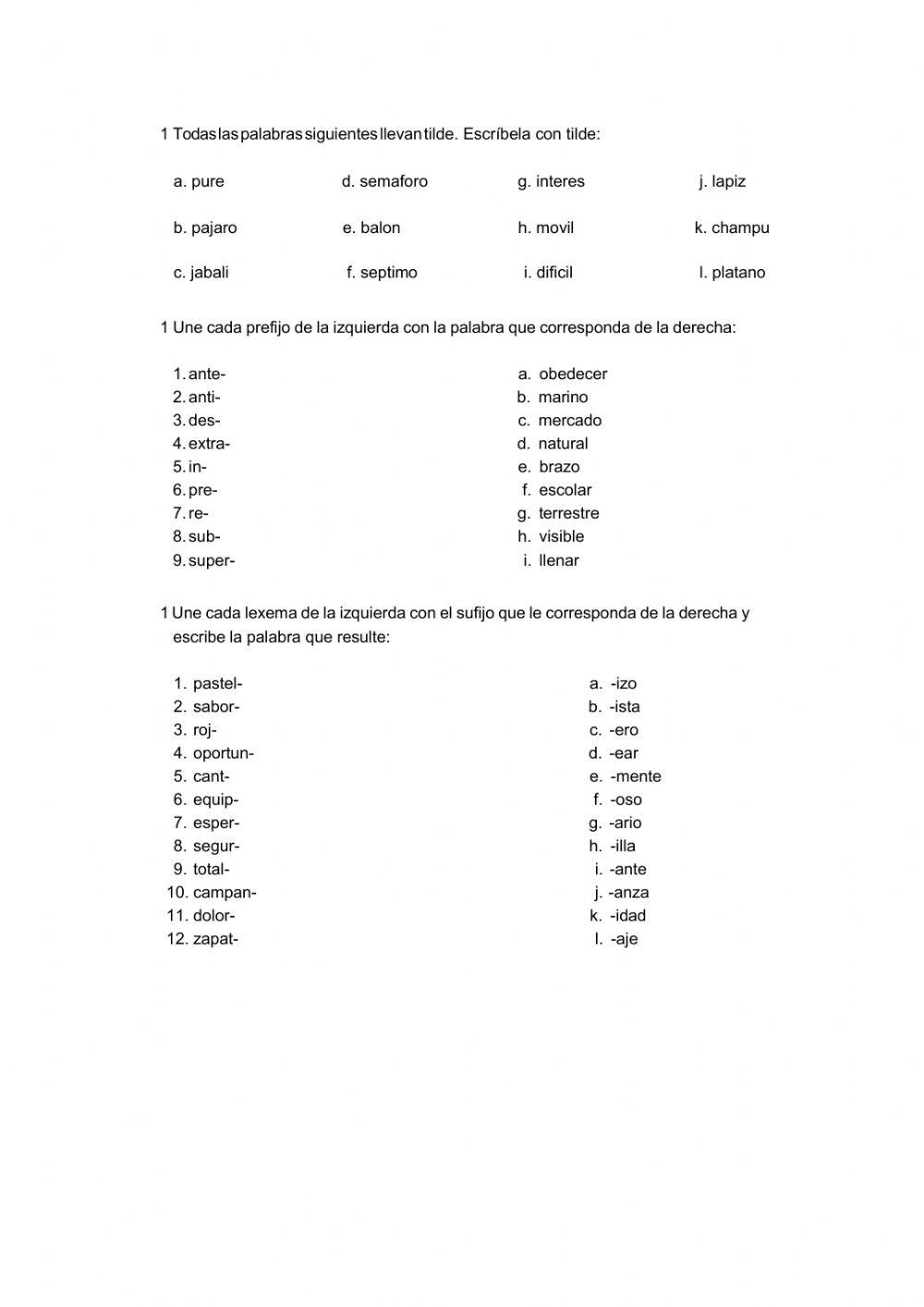 Acentos, prefijo y sufijos worksheet | Live Worksheets