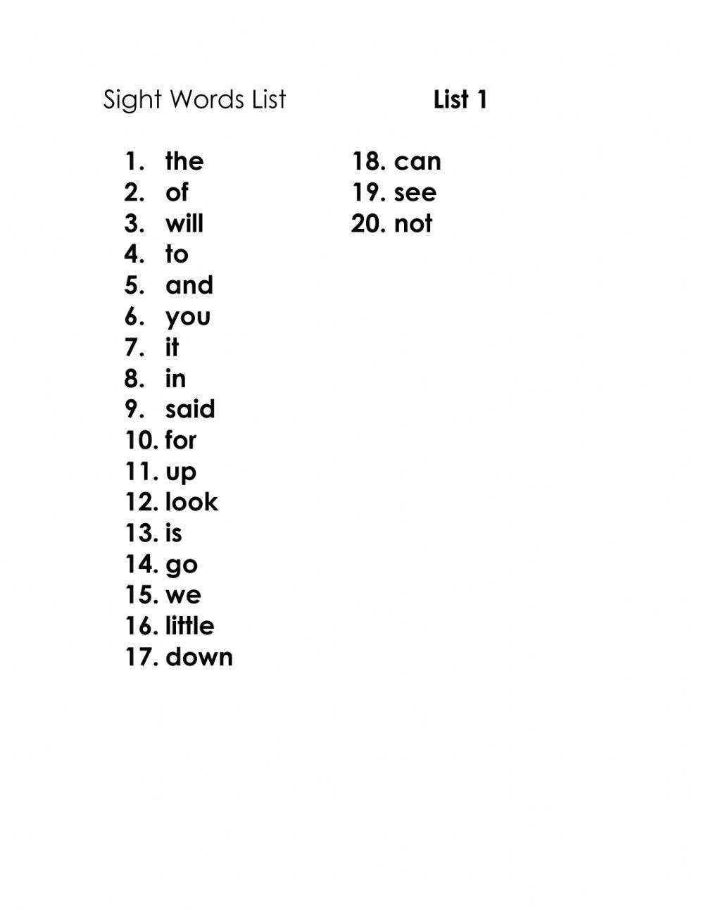 SIGHT WORDS LIST ONE online exercise for | Live Worksheets