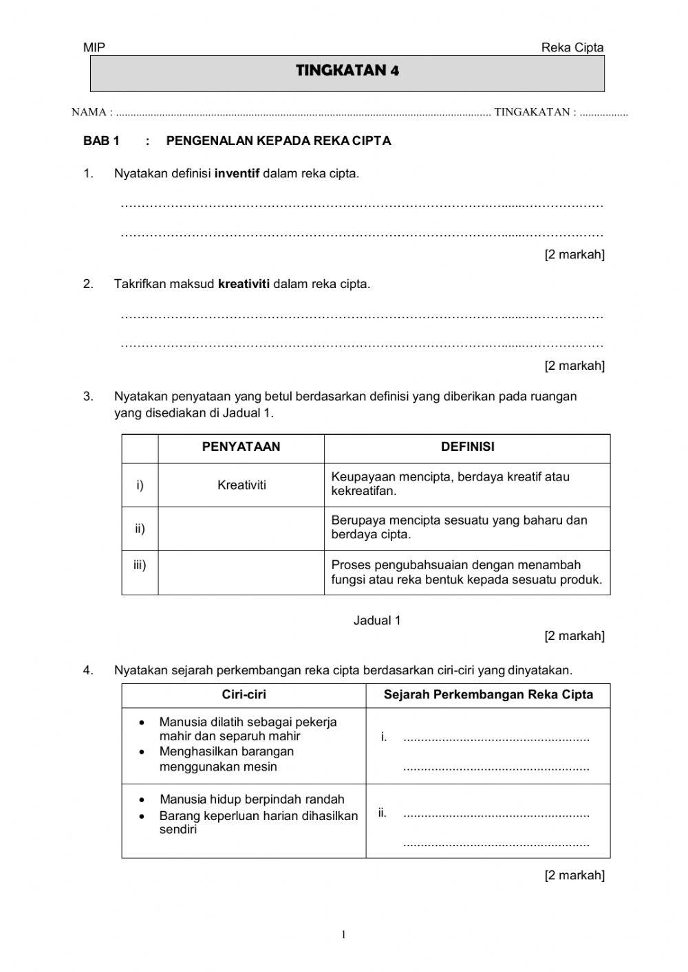 Bab 1 pengenalan kepada reka cipta worksheet | Live Worksheets