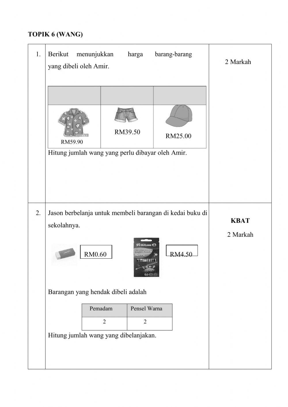 TIE-tahun 3 komponen 2( set 2) worksheet | Live Worksheets