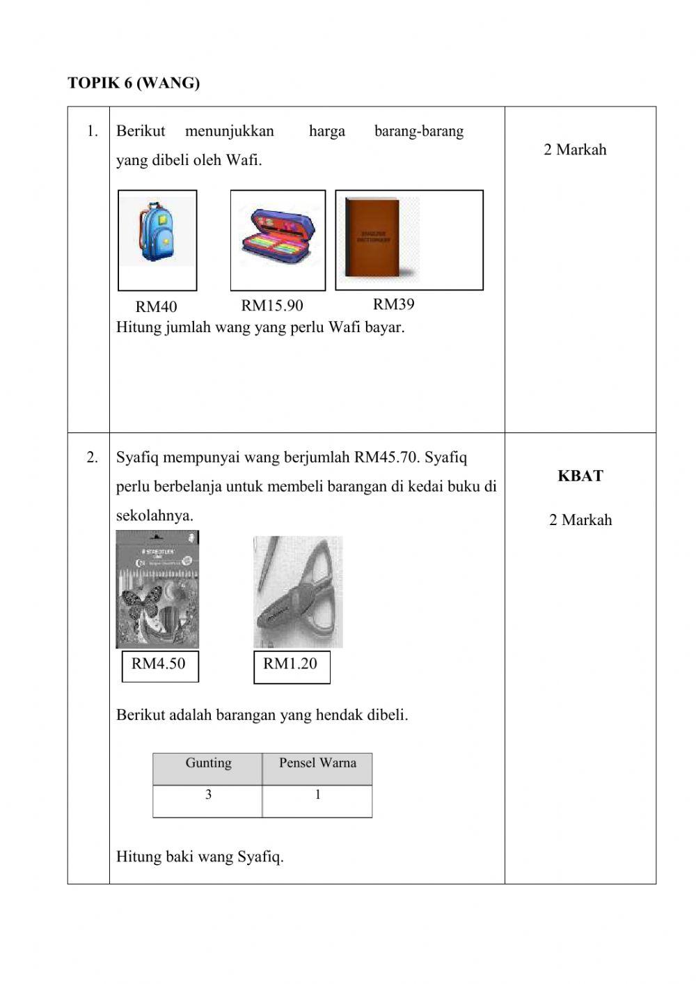 TIE-tahun 3 komponen 2(set 5) worksheet | Live Worksheets