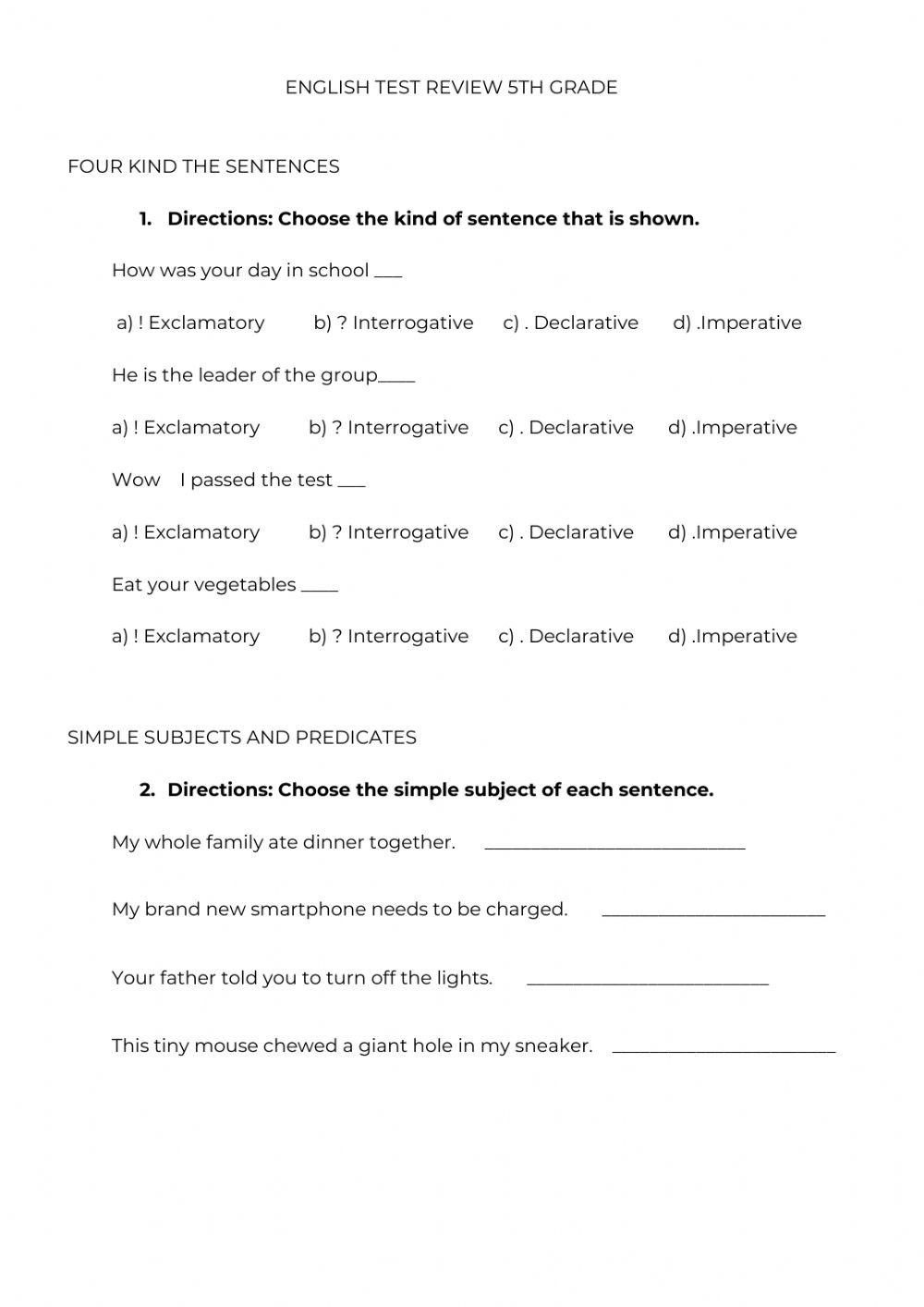 English Review 5th Grade 1 worksheet | Live Worksheets