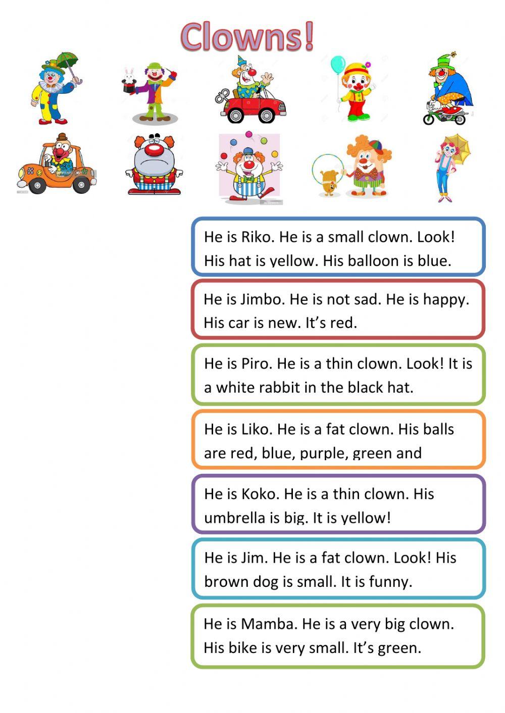 Clowns reading | Free Interactive Worksheets | 523263