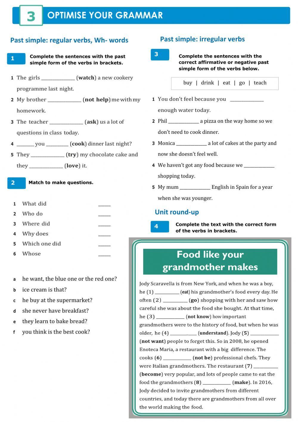 Optimise your grammar A2 - unit 3 online exercise for | Live Worksheets
