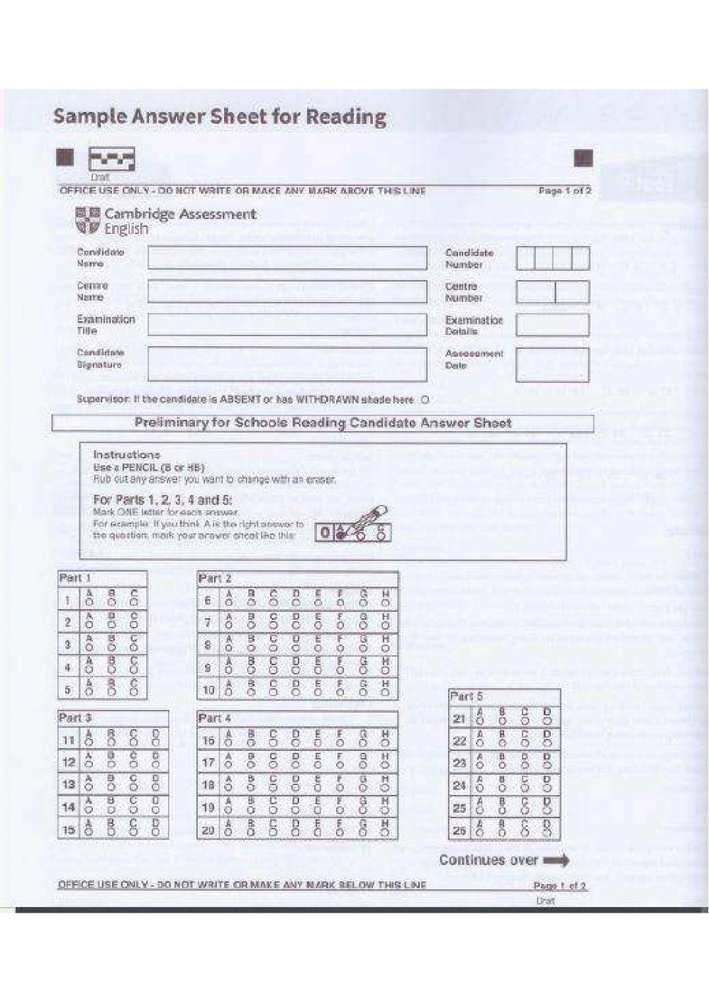 PET answer sheet Reading and Use of English online exercise for | Live ...