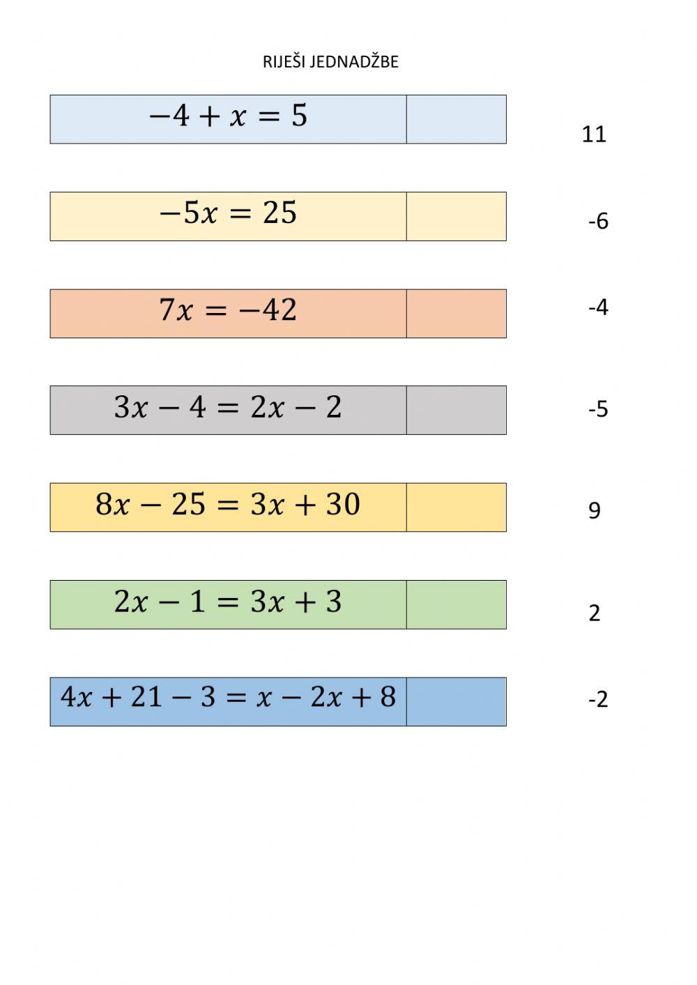 Jednadžbe ax+b-c worksheet | Live Worksheets