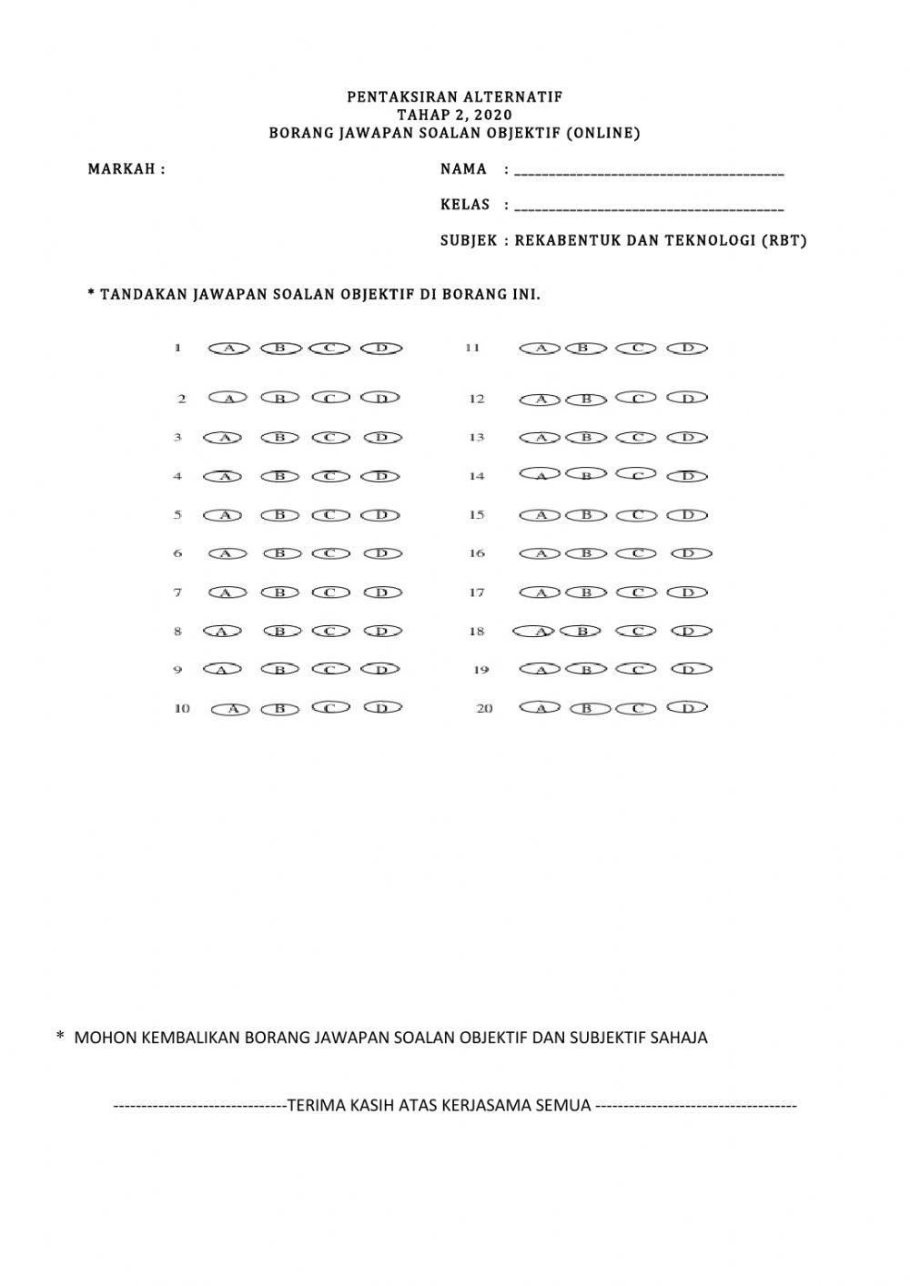 Pentaksiran Alternatif RBT Tahun 6, 2020 (Borang