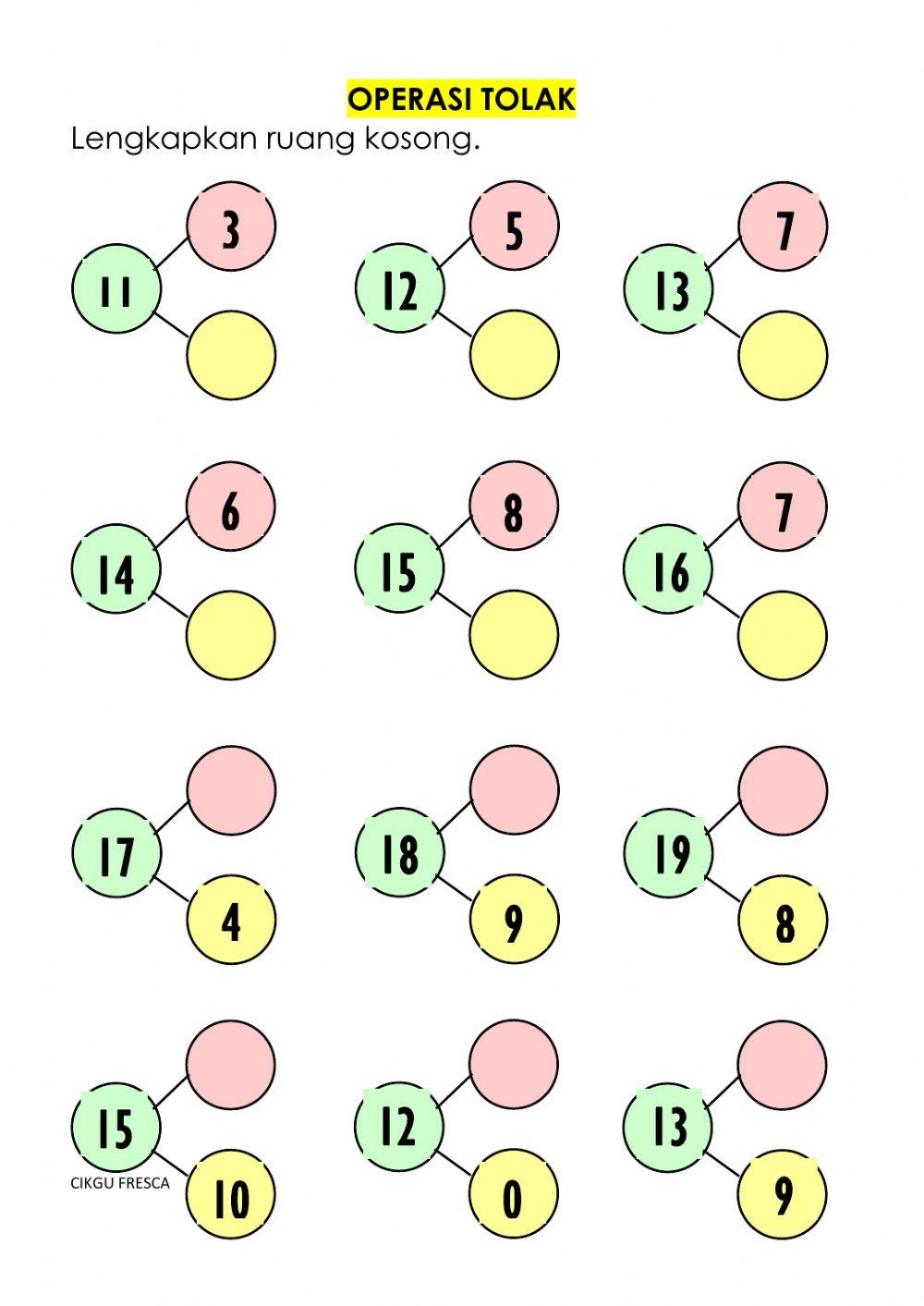Operasi tolak online worksheet for Prasekolah | Live Worksheets
