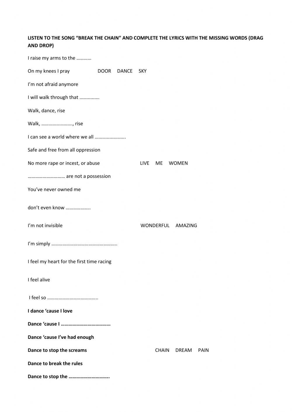 SONG: break the chain - drag and drop online exercise for | Live Worksheets