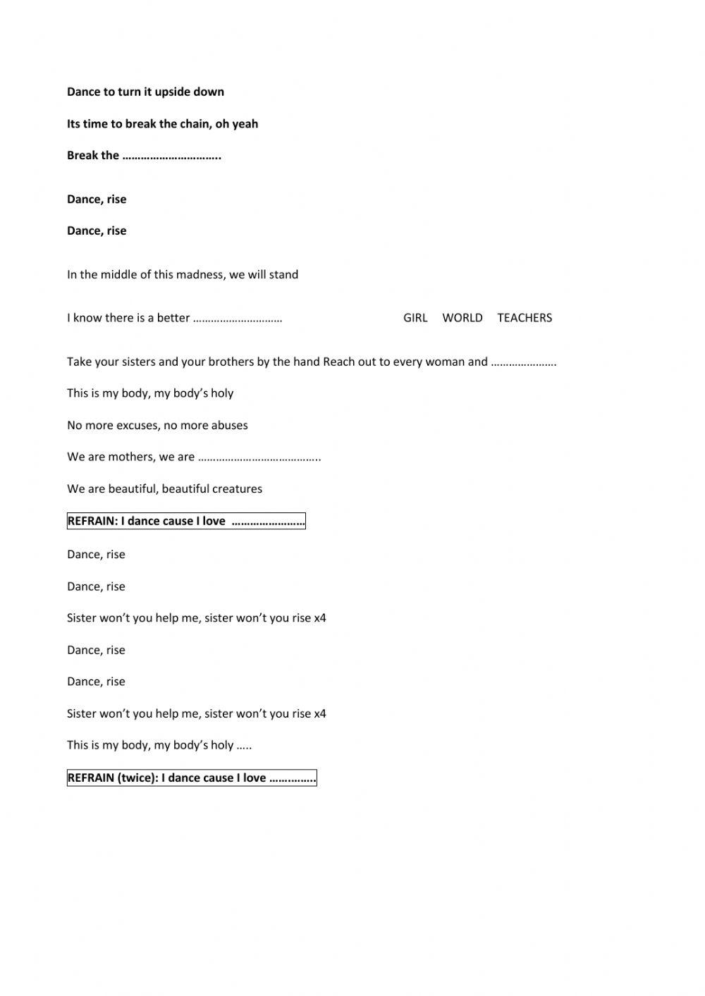 SONG: break the chain - drag and drop online exercise for | Live Worksheets