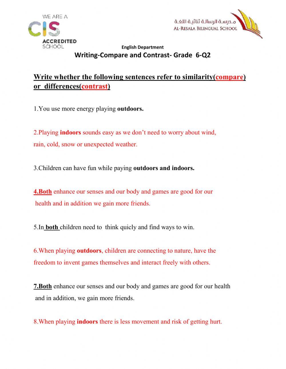 Grade 6 Quarter 2 -Writing-compare and contrast- worksheet 1 online ...