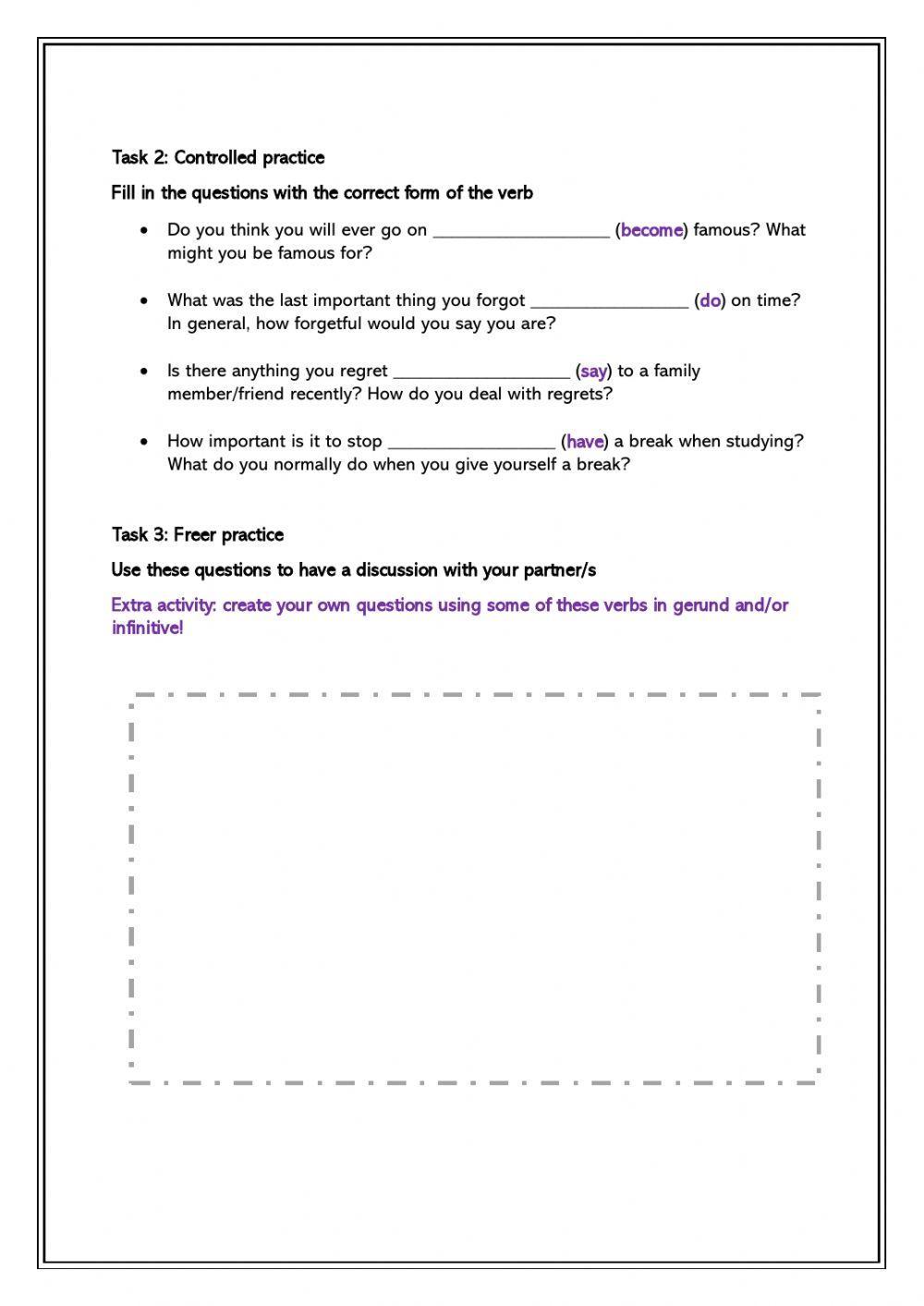 Gerunds and Infinitives- same verb worksheet | Live Worksheets
