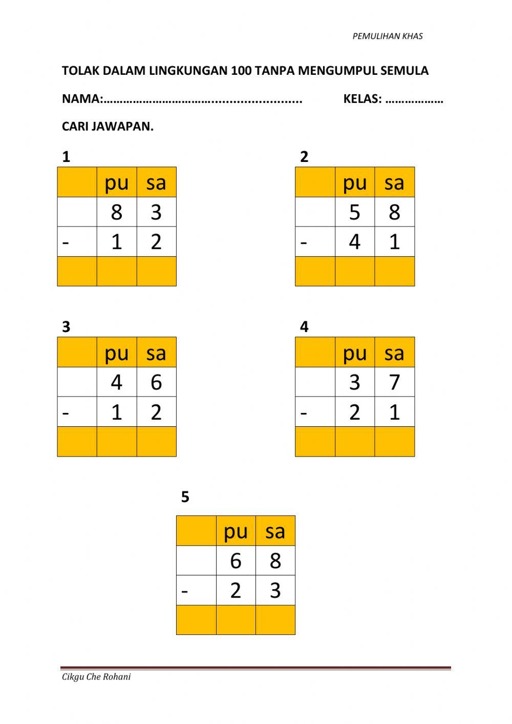 Latihan operasi tolak worksheet | Live Worksheets