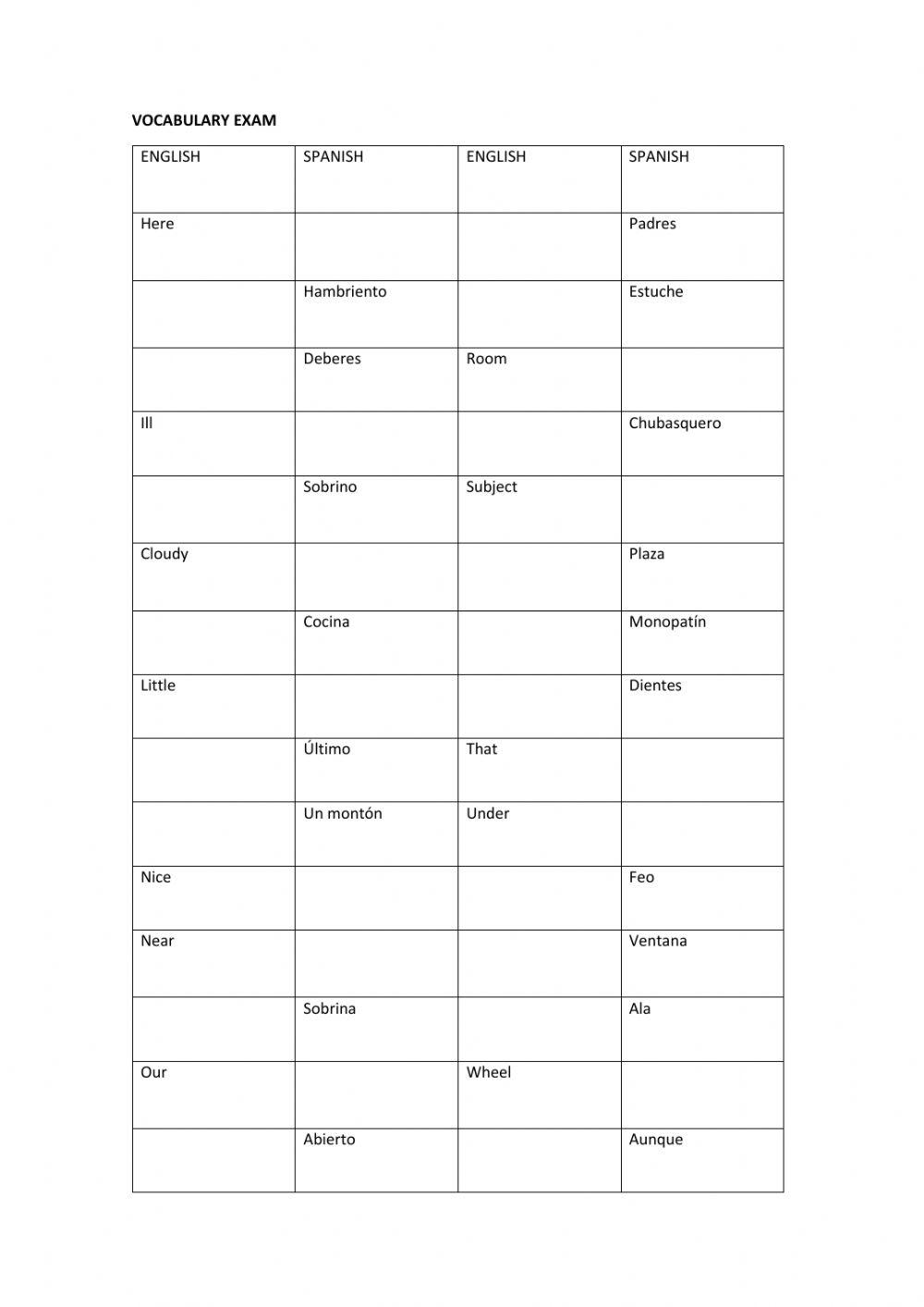 Vocabulary Exam exercise | Live Worksheets