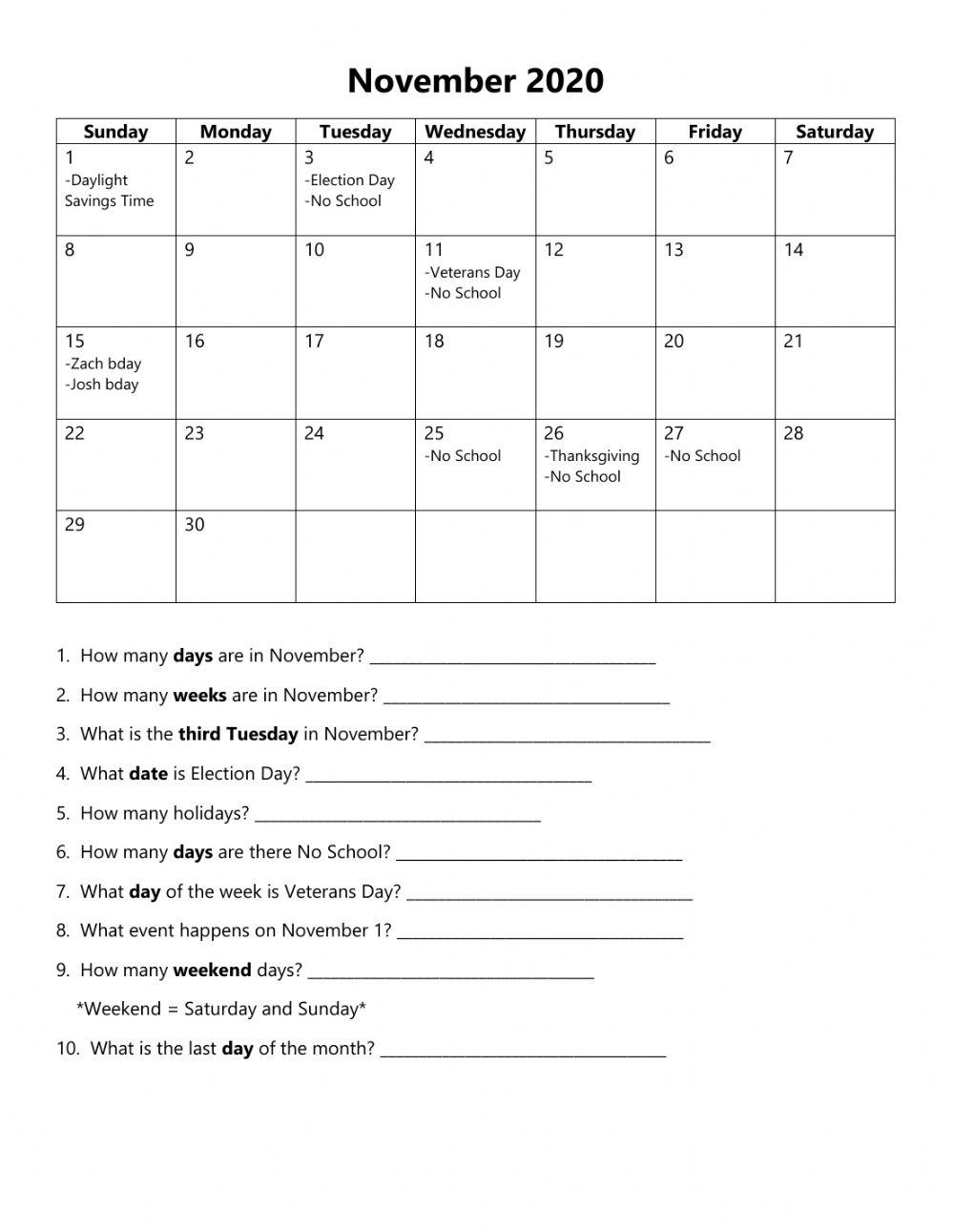 November 2020 worksheet | Live Worksheets
