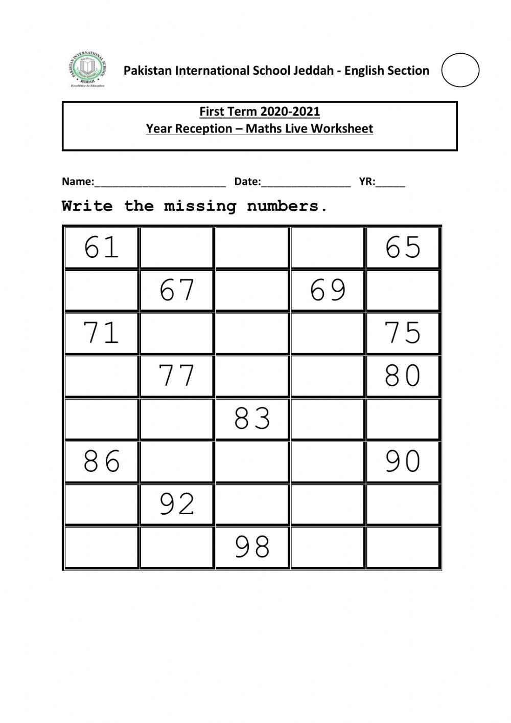 Missing numbers free online activity | Live Worksheets