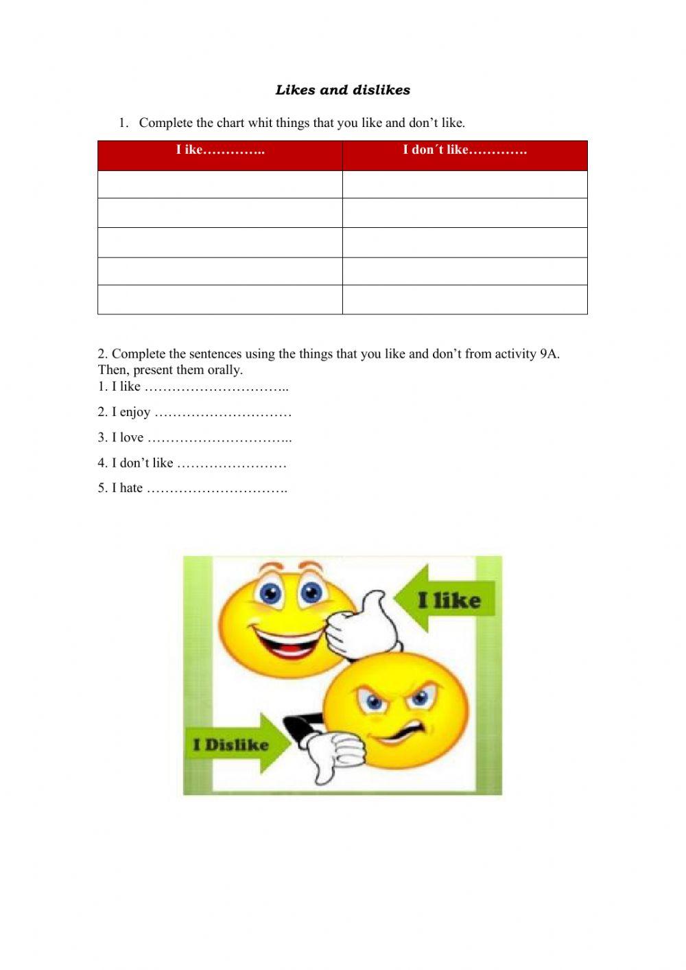 Likes and dislikes online exercise for 4 EGB | Live Worksheets