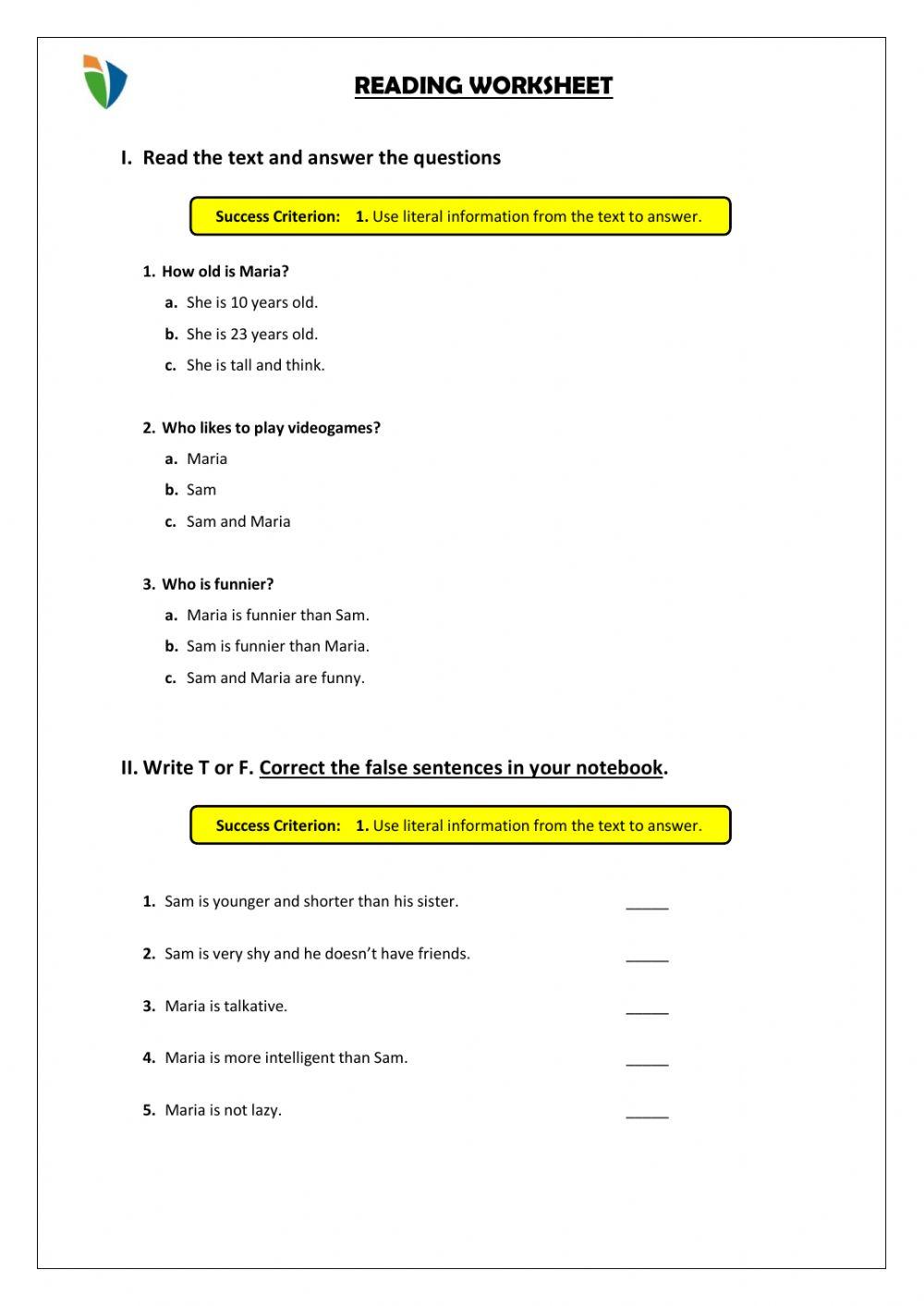 Reading Comprehension Worksheet interactive worksheet | Live Worksheets