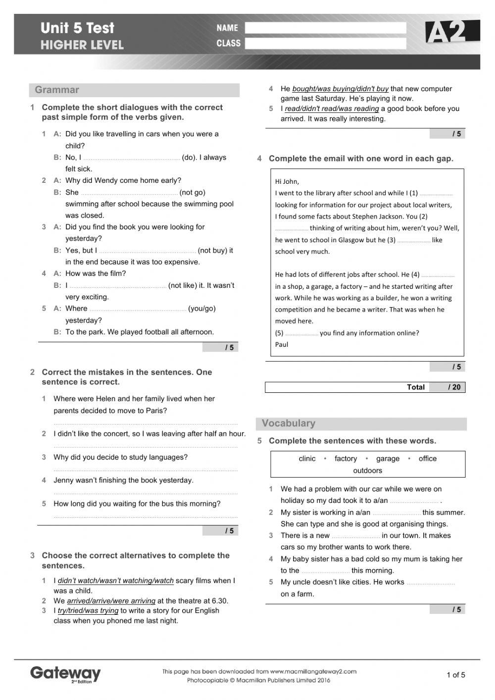 A2 Unit test 5 | Free Interactive Worksheets | 6268269