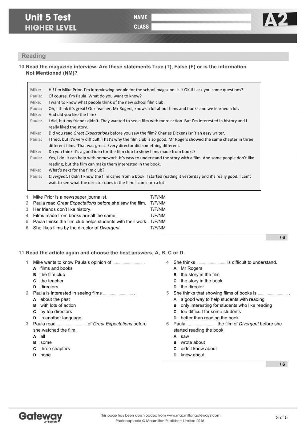 A2 Unit test 5 | Free Interactive Worksheets | 6268269