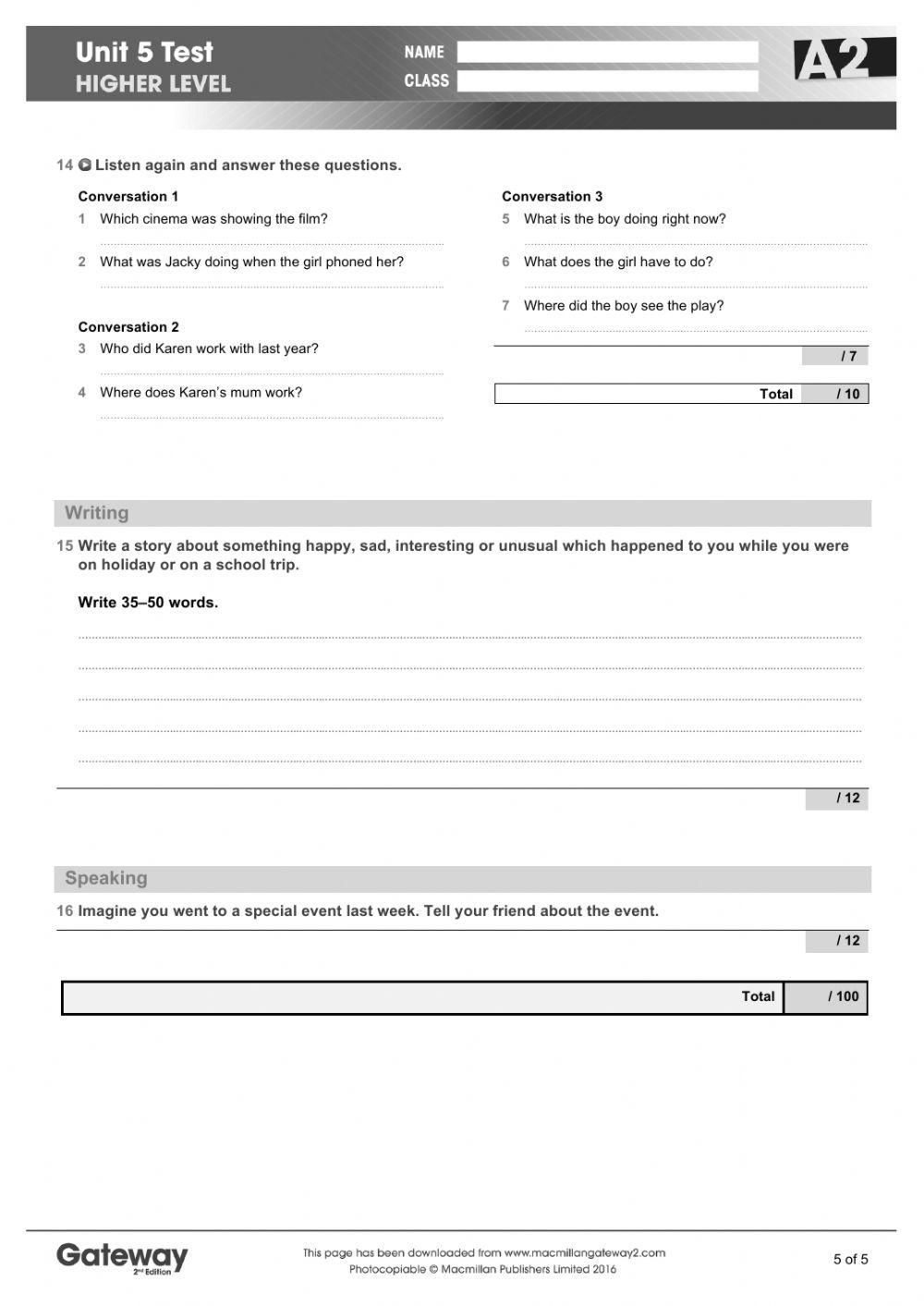 A2 Unit test 5 | Free Interactive Worksheets | 6268269