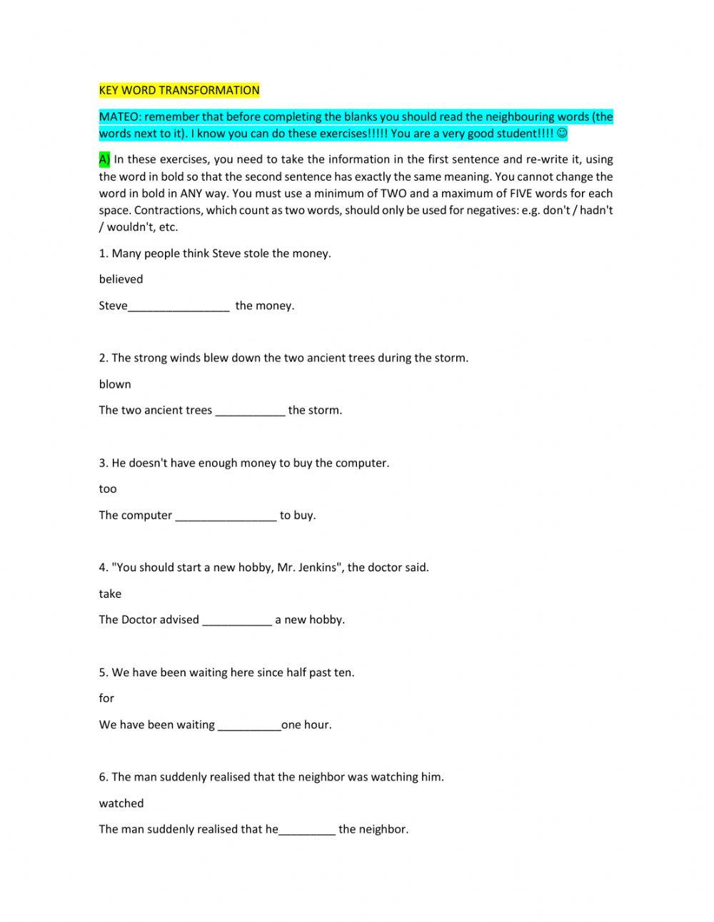 Ficha interactiva- key word tranf. worksheet | Live Worksheets