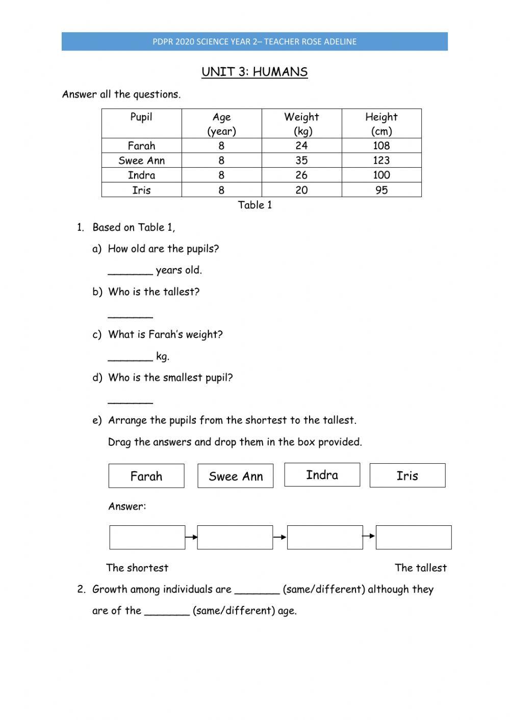 HUMANS YEAR 2 online exercise for | Live Worksheets