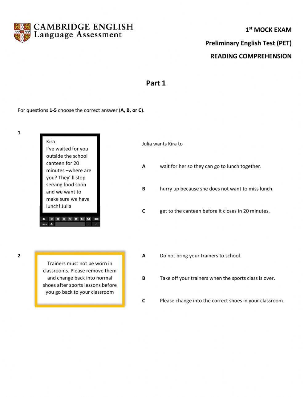 Preliminary Reading Test worksheet | Live Worksheets