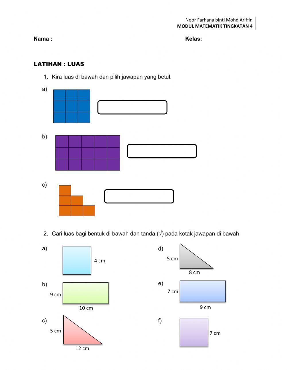 Unit 1 : Perimeter dan Luas (2) worksheet | Live Worksheets