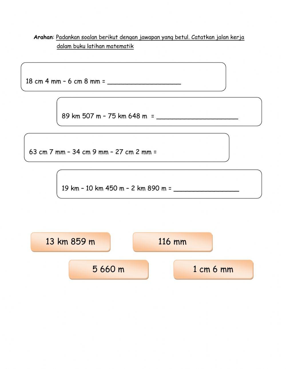 Unit Ukuran: Menolak panjang, jisim dan isi padu cecair worksheet ...